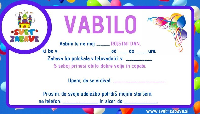 VABILA ZA POVABLJENE | Svet-zabave.si
